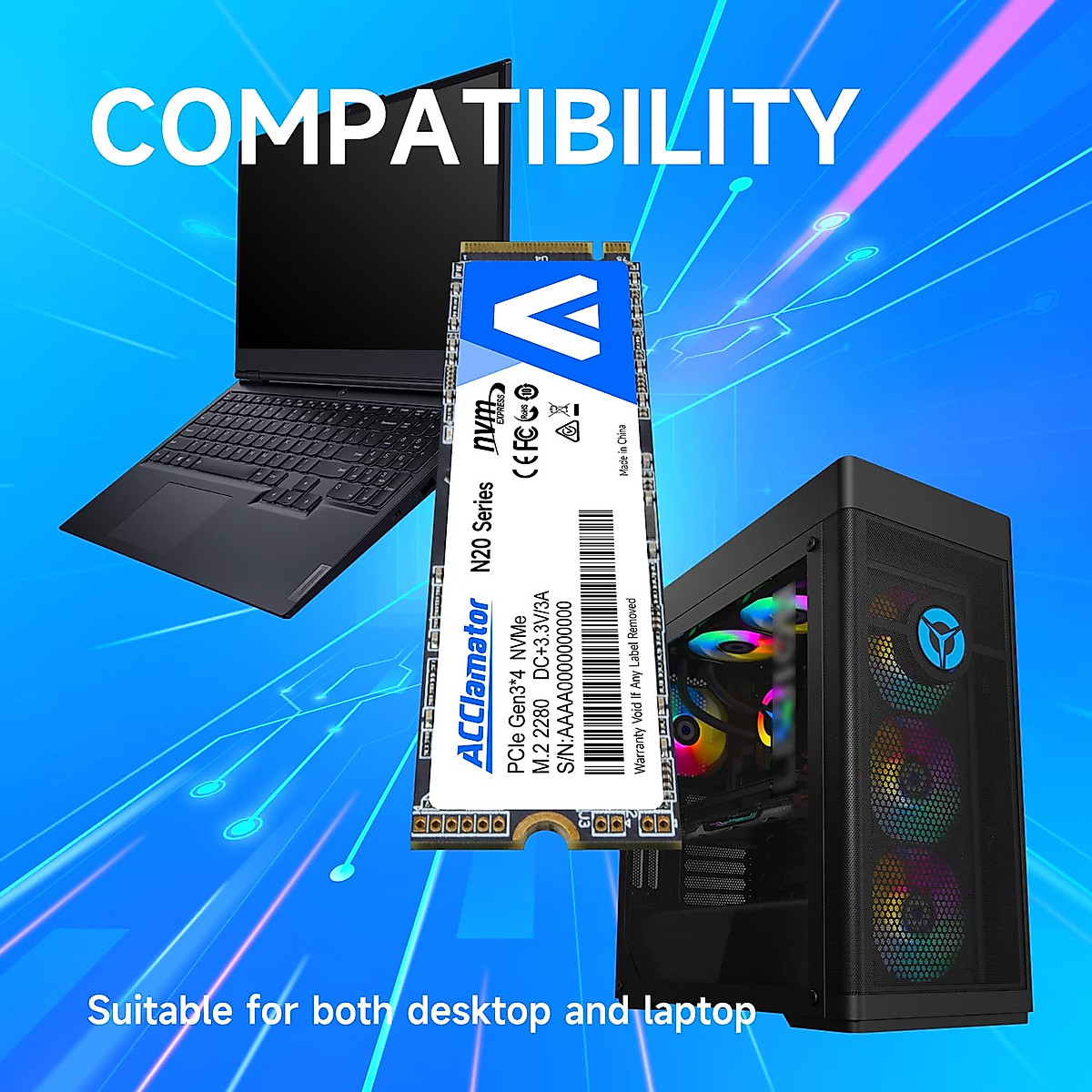 Acclamator NVMe 1TB Read 2500MB/s PCle 3.0x4, M.2 2280, Internal Solid State Drive, Storage for PC, Laptops, Gaming and More, N20