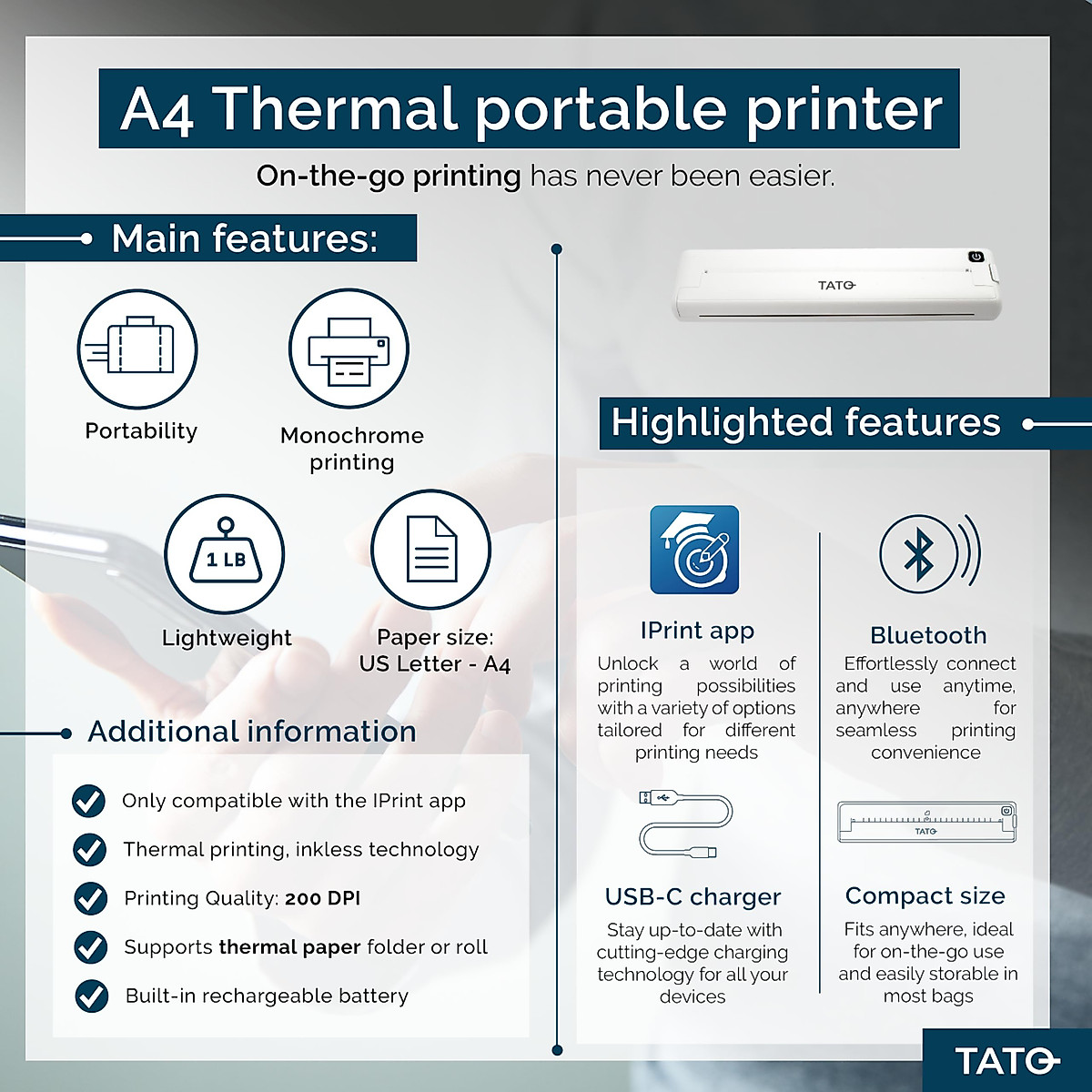 TATO Portable Printer - Portable Printer Wireless for Travel - Small Printer Wireless - No Ink Printer - Travel Printer - Portable Mini Printer - Wireless Bluetooth Printer - Studying Essentials