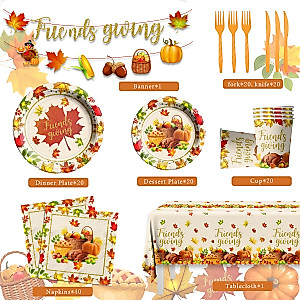 Friends Giving Party Decorations,142Pcs Fall Tableware Includes Paper Plates,Tablecloth,Cups Autumn Pumpkin Maple Turkey Theme Decorations for Friends Giving Holiday,Fall Decoration