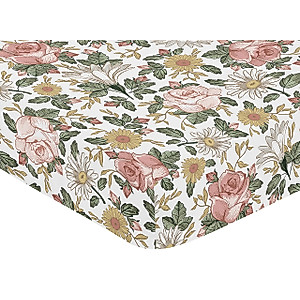 Sweet Jojo Designs Vintage Floral Boho Girl Fitted Crib Sheet Baby or Toddler Bed Nursery - Blush Pink, Yellow, Green and White Shabby Chic Rose Flower Farmhouse
