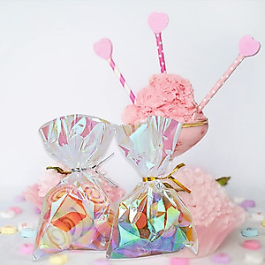 QTOP Cellophane Treat Bags,Iridescent Holographic Goodie Bags, Clear Cello Bags with Twist Ties for Birthday Party Favors, Valentines, Easter, Weddings，Halloween，Christmas (4x6 inches(pack of 100))