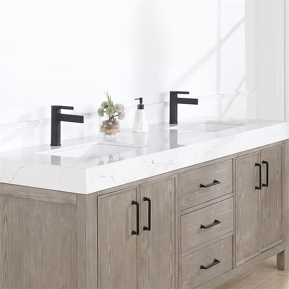 VINNOVA Leon 72" Double Bath Vanity in Fir Wood Grey with Lightning White Composite top