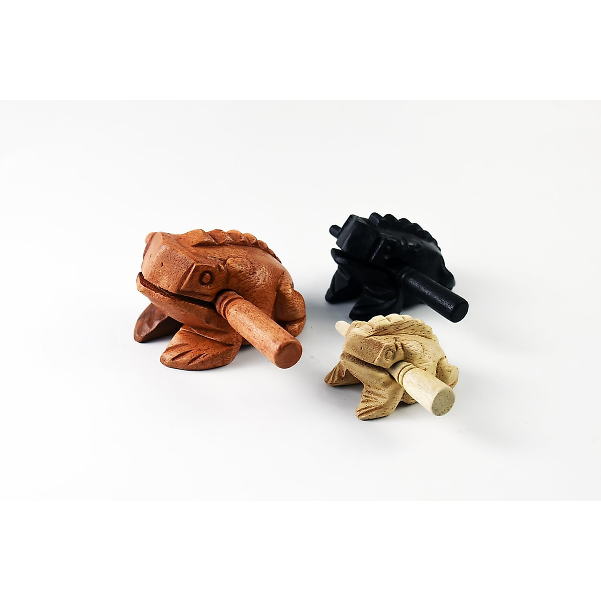 Guiros Percussion Instruments Wooden Frog 3 Piece Set of 4 Inch, 3 Inch, 2.75 Inch, Wooden Frog Musical Instrument (Brown/Black/Natural Color)