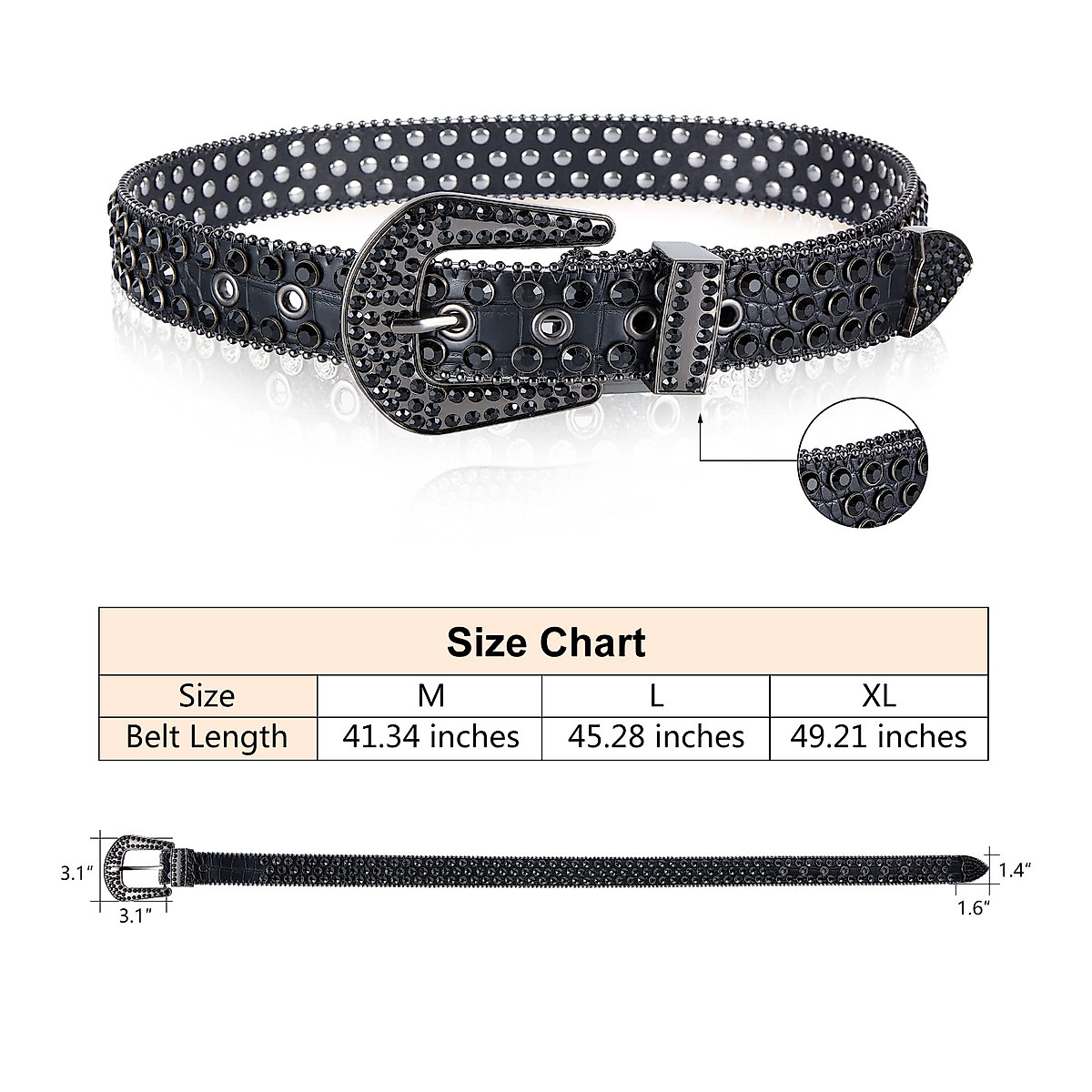 Rhinestone Belts for Men Women Bling Studded Belt With Metal Buckle Western Cowboy Punk Belt For Jeans Pants Jacket (Black-02, M Fit Waist:30-34inches（41.3" Length）)