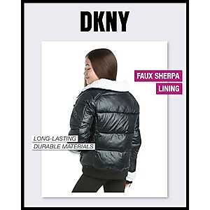 DKNY Girls' Winter Coat - Insulated Quilted Puffer Bomber Coat - Outerwear Jacket for Girls, Sherpa Collar/Cuffs (8-16), Size 10-12, Black