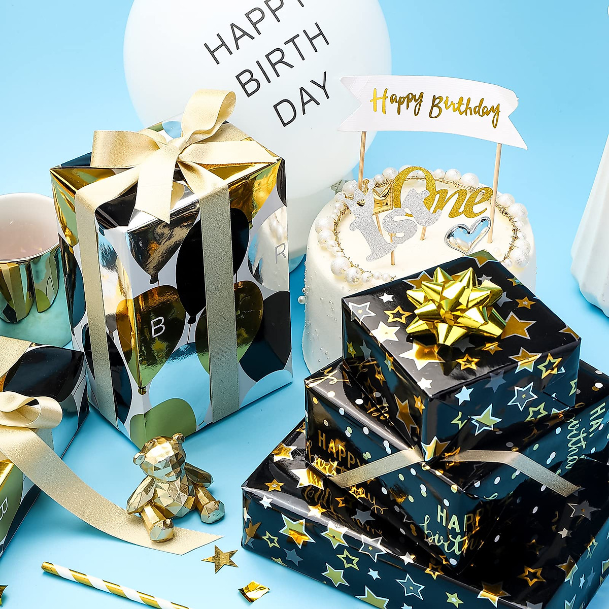 LeZakaa Birthday Wrapping Paper Roll - Mini Roll - Metallic Foil with Balloon, Star and Happy Birthday Lettering - 17 x 120 inches, 3 Rolls (42.5 sq.ft.ttl.)