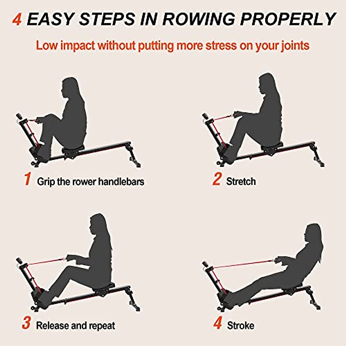Rowing Machines for Home Use, Foldable Rowing Machine, Elastic Rower Indoor Row Machine with 3 Adjustable Levels, LCD Display & Comfortable Seat Cushion (Black&Red)