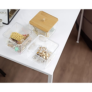 Clear Bathroom Dresser Organizer 3 Compartment with 1 Lid, Transparent Hair Accessories Organizer, Cotton Ball and Swab Holder, Small Plastic Storage Containers Vanity Makeup Organization (Wood Lid)