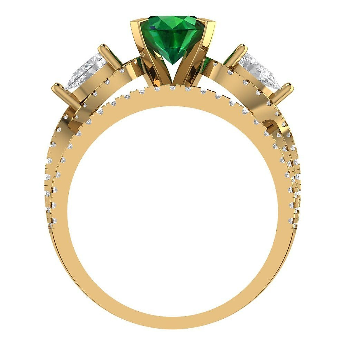 Clara Pucci 2.1 ct Round Cut Solitaire 3 stone Simulated Emerald Designer Art Deco Statement Wedding Ring Band Set 18K Yellow Gold 7