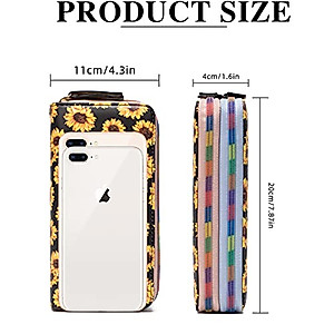 Ecohaso Sunflower Wallets for Women, Girls Wallets Cute Sunflower Pattern, Double Zipper Long Leather Wristlet Clutch Purses with Multiple Card Slots and Removable Wrist Strap for Girls (Sunflower)