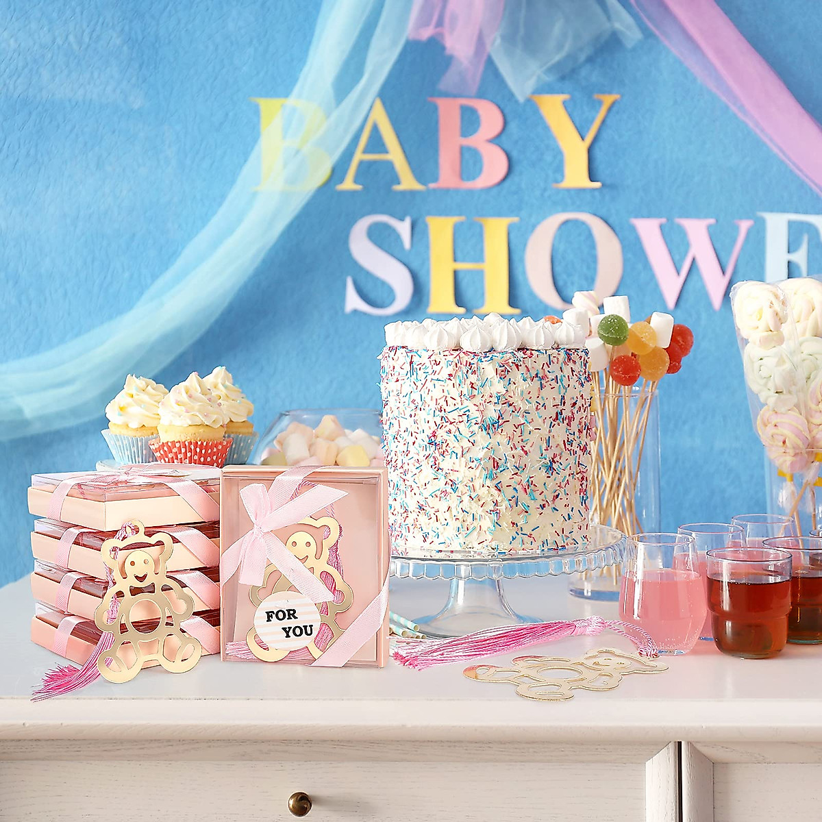 50 Pieces Baby Shower Favors for Guests Metal Bookmarks Guest Gifts for Baby Shower Birthday Bridal Shower Party Gifts Carnival Reward Little Bear Decorations Souvenirs with Individual Package (Pink)