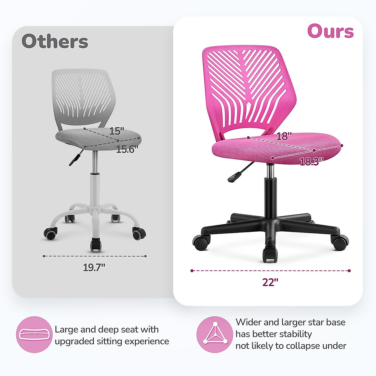 Yaheetech Students Cute Desk Chair Low-Back Armless Study Chair w/Lumbar Support Adjustable Swivel Chair in Home Bedroom School, Rose Red