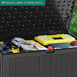 YITAHOME 90 Gallon Large Deck Box, Double-Wall Resin Outdoor Storage Boxes, Deck Storage for Patio Furniture, Cushions, Pool Float, Garden Tools, Lockable & Waterproof (Black)