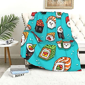 Qutown Sushi Pattern Cute Cartoon Japanese Food Blanket Throw Soft Lightweight Warm Cozy Flannel Fleece Women Adults and Kids Gifts for Couch Bed Sofa 50*40inch Small for Kid Leg pet