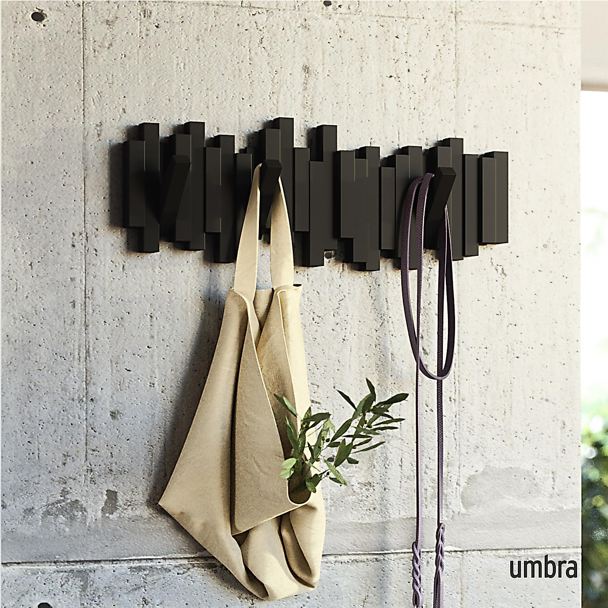 Umbra 318211-040 Sticks Multi Rack – Modern, Unique, Space-Saving Hanger with 5 Flip-Down Hooks for Hanging Coats, Scarfs, Purses and More, Black