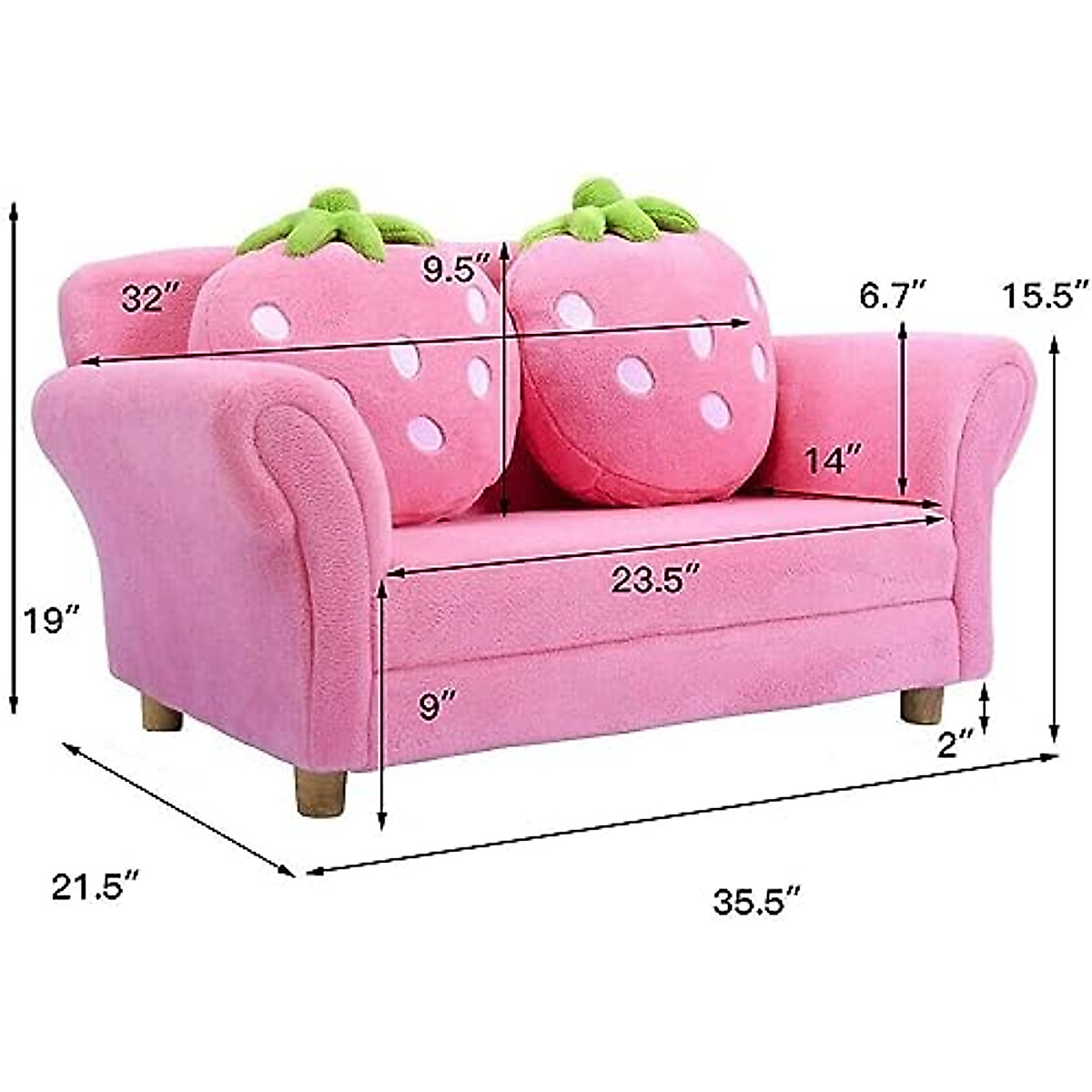 Fireflowery Kids Sofa, Children Upholstered Loveseat Lounge Bed w/ 2 Cute Strawberry Pillows, Children Couch Armrest, Double Seat Kid Sofa for Playroom Bedroom Living Room Baby Room, Pink