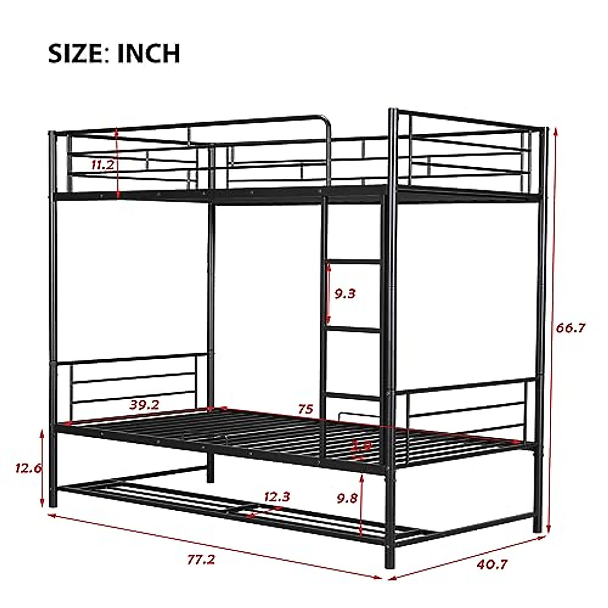 DNYN Twin Over Twin Bunk Bed with Under-Shelf & Ladder for Kids,Adult,Convertible Metal Bedframe,Perfect for Dorm,Bedroom,Guest Room,No Box Spring Needed, Black