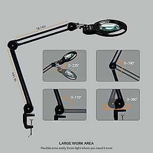 Bemelux Bifocals Magnifying Desk Lamp with Clamp, 5 Diopter with 20 Diopter, 6 Inch Detachable Lens and 120PCS LEDs, 3 Color Modes 1200 Lumens Swivel Arm Magnifying Lamp with Light for Crafts