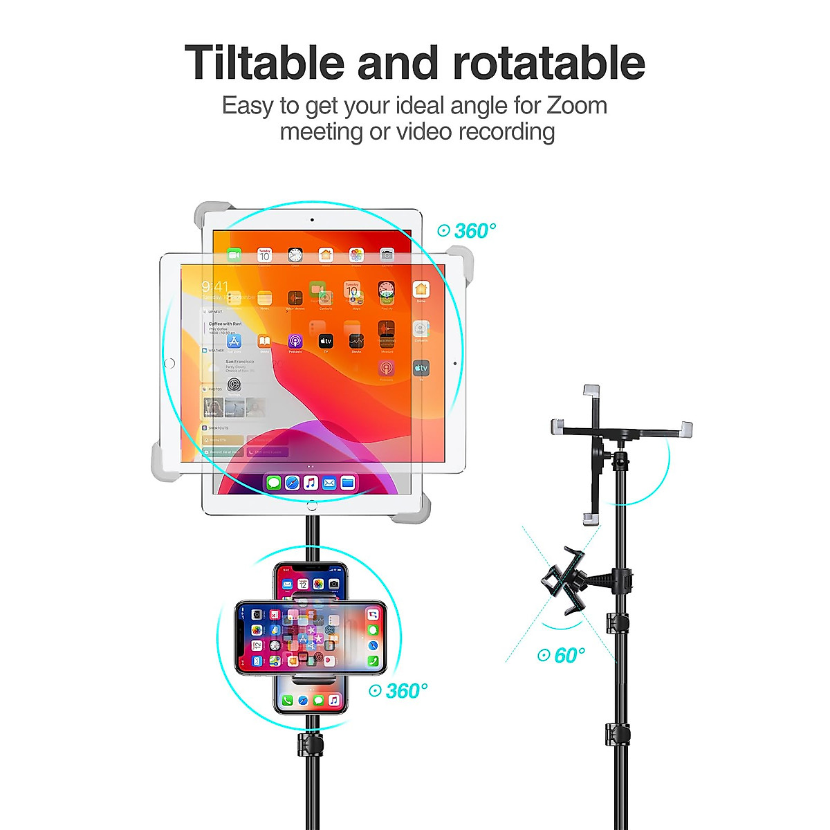 elitehood iPad Tripod Stand, Aluminum Alloy iPad Stand, 360 Rotation Adjustable Height iPad Stand Holder for Floor, Universal Compatible with iPad Mini, iPad Air, iPad and All 7.9-11 Inch Tablet