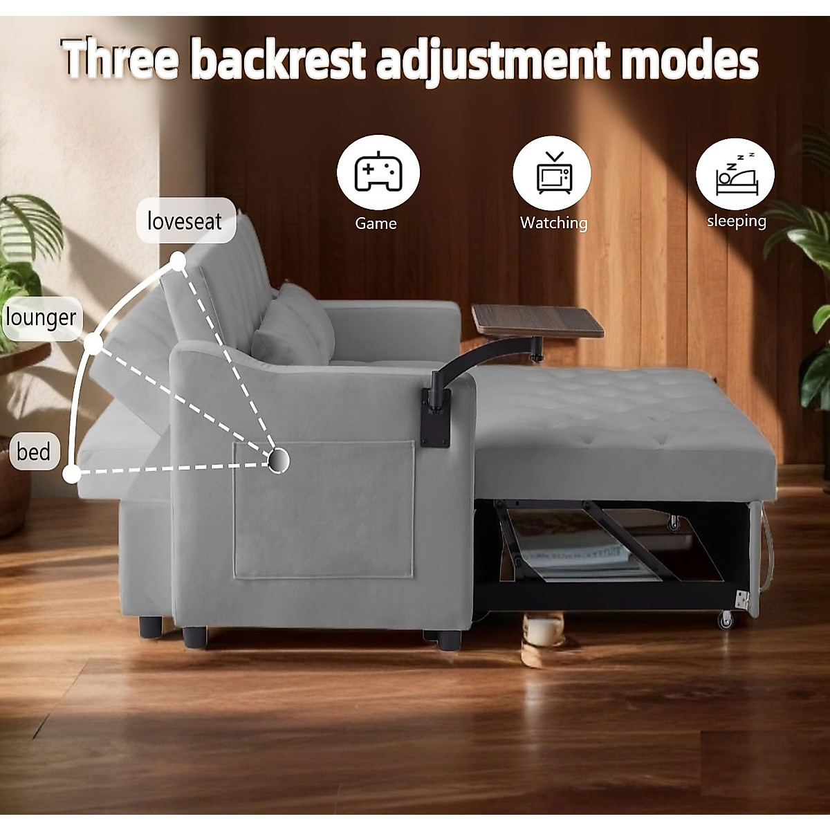 Auvsoce 3 in 1 Multi-Functional Convertible Sleeper Sofa Bed, Love Seat with rotatable Side Table,Modern Velvet Fabric, Ideal for Apartment Living Room Bedroom
