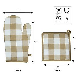 PurpleEssences Buffalo Check Kitchen Collection Pot Holders and Oven Mitts Sets with Hanging Loop - Heat Resistant Non-Slip Washable – Ideal Hot Pads for Cooking Baking BBQ - 4-Piece Set Beige/White