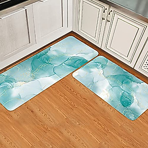ZOE GARDEN 2 Pcs Kitchen Rug Set, Marble Aqua Non-Slip Kitchen Mats and Rugs Comfort Floor Door Mat Doormat, Long Throw Bath Runner Rug Mat Gradient Gold Aesthetics Abstract Minimalist Art