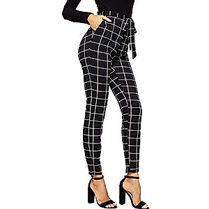 WDIRARA Women's Stretchy Plaid Print Pants Soft Skinny Regular Fashion Leggings Black-2 L
