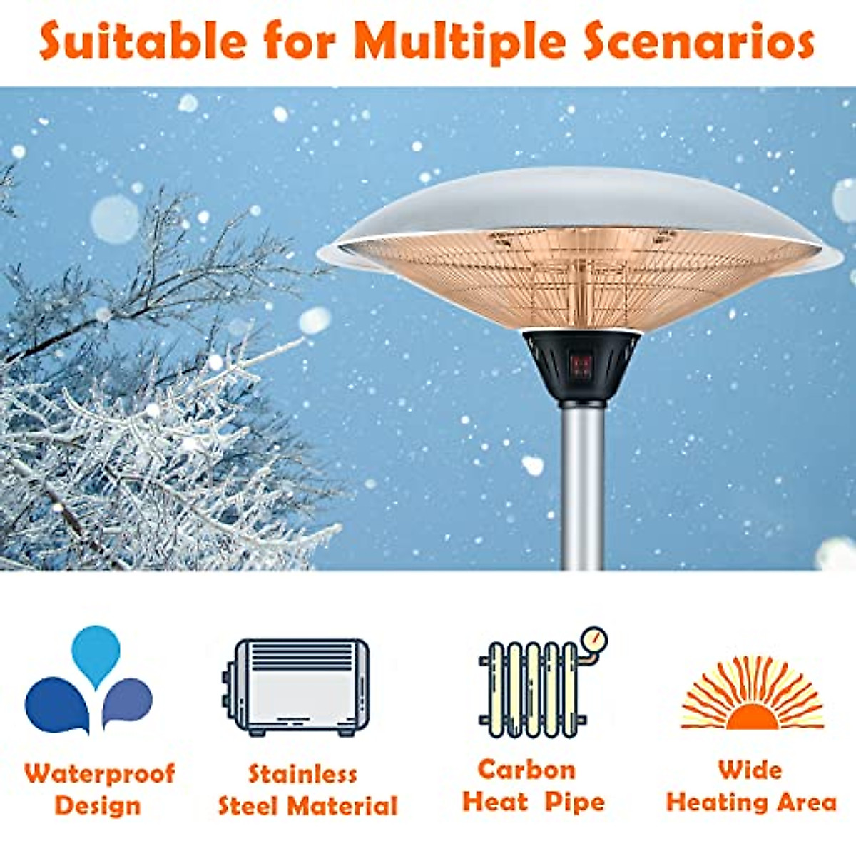 LHRIVER Electric Outdoor Patio Heater, 1500W Freestanding Infrared Heater with 2 Adjustable Switch Mode, Quiet Operation,Dust &Waterproof IP34 750W/1500W, Ideal for garden, Outdoor/Indoor Use