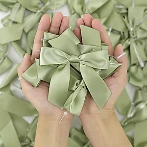 AIMUDI Sage Green Satin Ribbon Twist Tie Bows 3.5" Pretied Bows Premade Bows for Treat Bags Crafts Gift Wrapping Basket Wedding Favors Cookie Candy Bagging Cake Pop Bridal Shower - 50 Counts