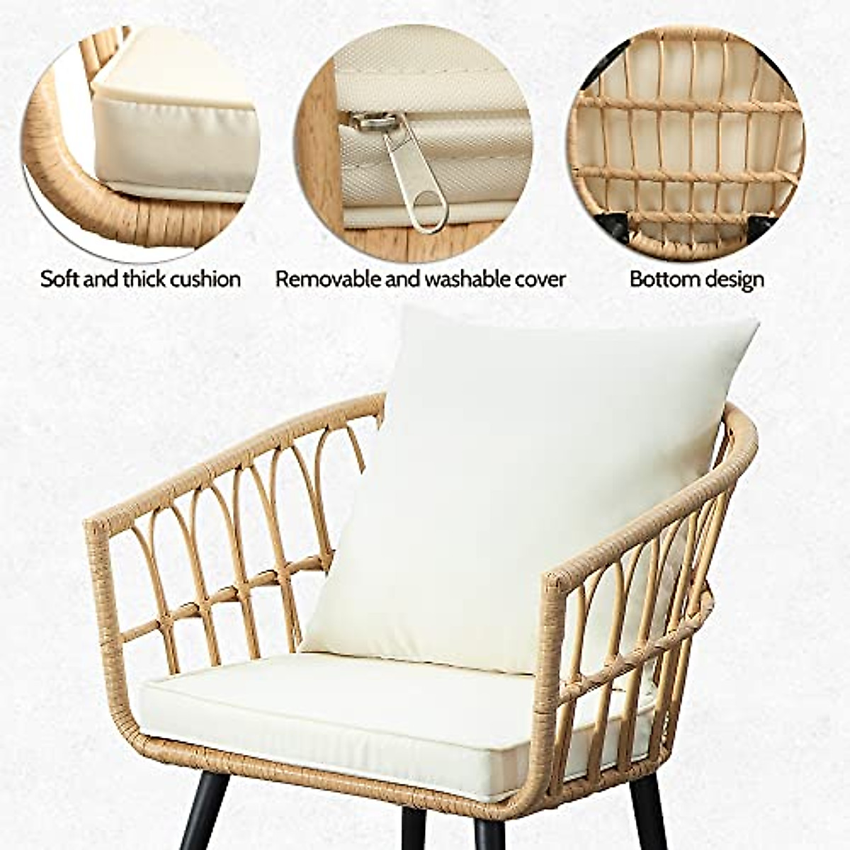 IJIALIFE 3 Pieces Patio Bistro Sets, Patio Conversation Chairs Outdoor Wicker Rattan Furniture Set with Soft Cushions Glass Side Table for Backyard Balcony Deck