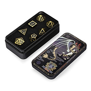 DNDND Metal Dice Set D&D, 7 die Metal Polyhedral Dice Set with Gift Metal Box and Gold Number for DND Dungeons and Dragons Role Playing Games (Black and Gold)