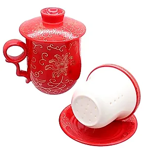 Tea Talent Porcelain Tea Cup with Infuser Lid and Saucer Sets - Chinese Jingdezhen Ceramics Coffee Mug Teacup Loose Leaf Tea Brewing System for Home Office
