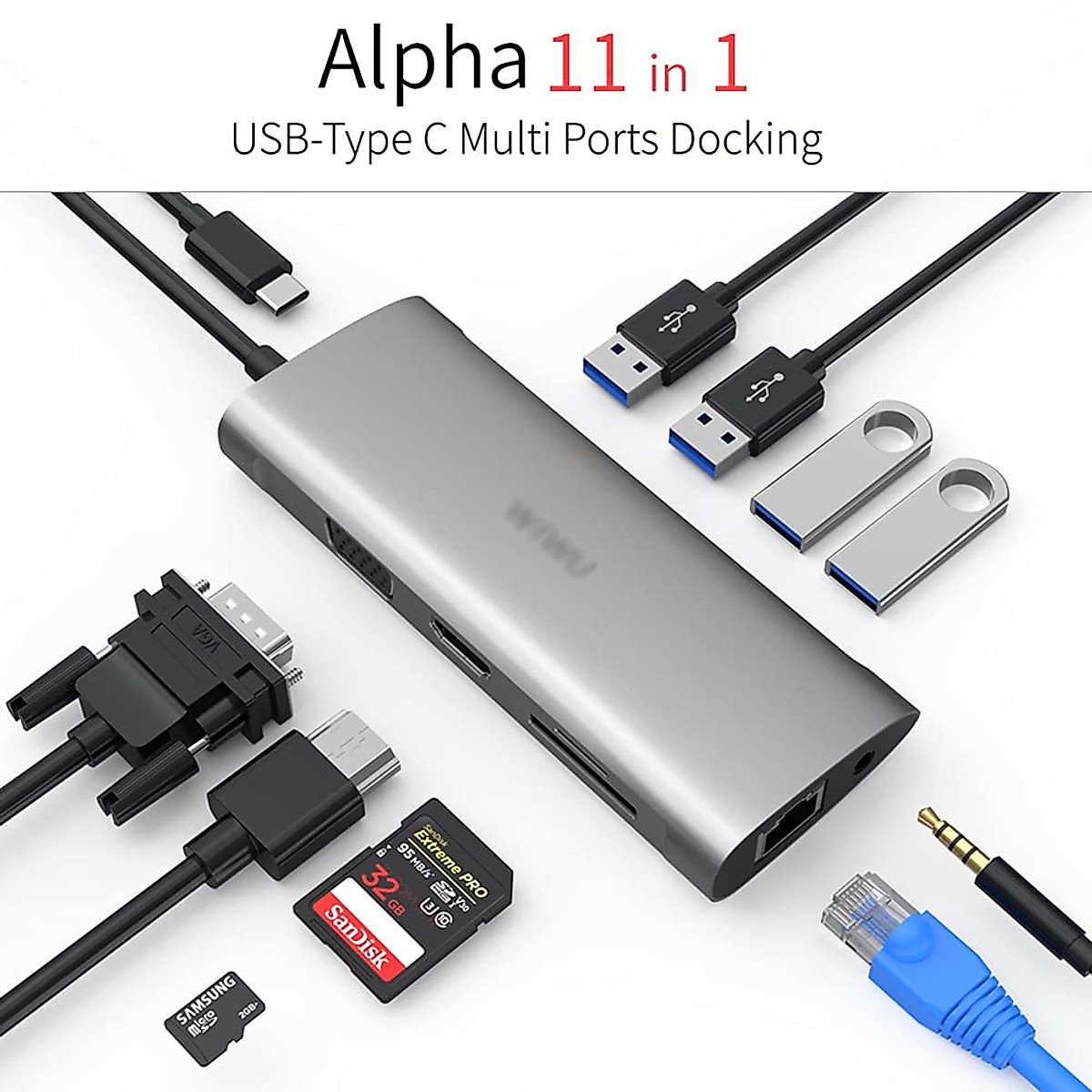 Port Expander USB C Hub 11 in 1 with HDMI, VGA, Ethernet, SD/TF Card Reader, 3 USB 3.0 Ports, USB 2.0 Ports, 3.5mm Audio, PD 86W USB Splitter