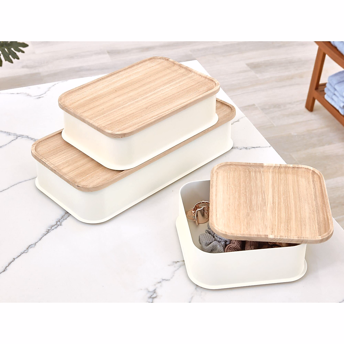 iDesign Recycled Plastic Medium Storage Bin with Paulownia Wood Lid, 8.4" x 16.9" x 3", Coconut
