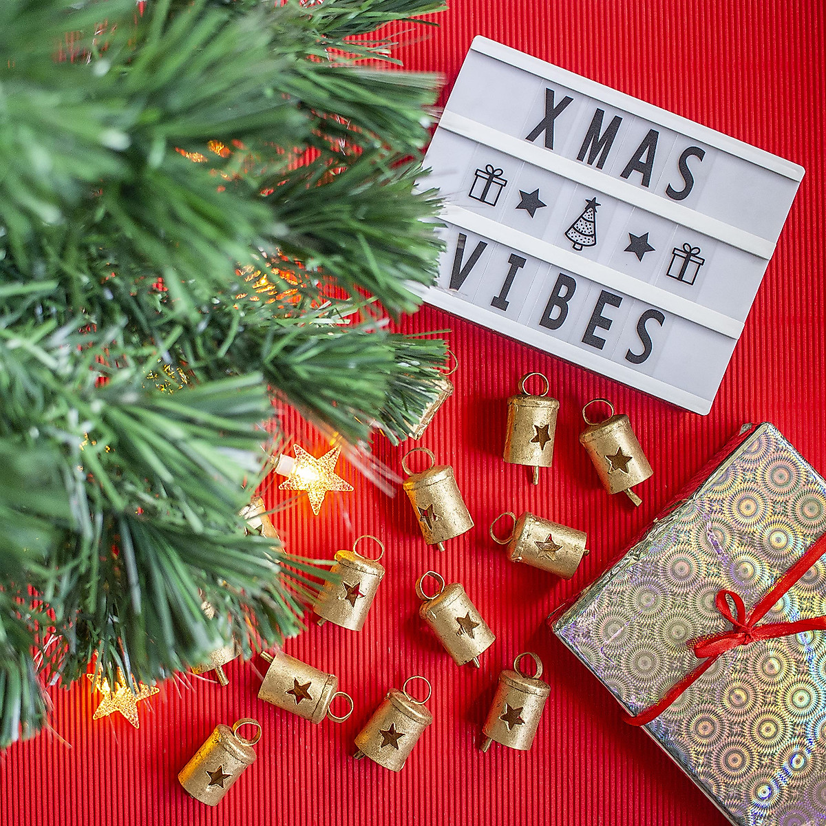 DIYANA IMPEX 12 Vintage Indian Tin Bells Rustic Chime Vintage Jingle Bell Wedding Patio Cow Bells Christmas Tree Crafts Decoration Rounded Top Wind Chime Noah (12, Gold)