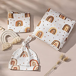 Baby Swaddle Blankets Set with Matching Hat and Drool Cloth Organic Cotton Muslin Blanket Soft Newborn Wrap Receive Blanket Photography Prop Large 47 * 47 Shower Gifts for Boys Girls(Rainbow)