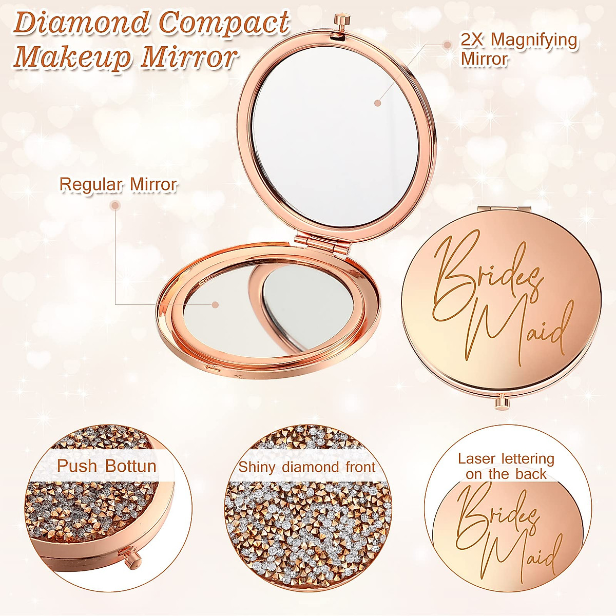 16 Pcs Proposal Gifts Set Compact Pocket Mirrors Bride Maid of Honor Matron of Honor Bridesmaid Diamond Makeup Mirrors with Hair Scrunchies for Wedding Bachelorette Bride Shower Party Bridesmaid Gifts