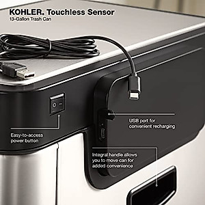 KOHLER 23825-STW 13-Gallon SensorCan, Kitchen Trash Can with Sensor-Activated Lid, Touchless Trash Can with Quiet Close Lid, Stainless Steel and White