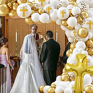 First Communion Decorations 129Pcs First Communion Balloon Garland Arch Kit white Confetti Balloons with Cross Balloon for First Holy Communion Decorations God Bless Christening Baptism Party Supplies