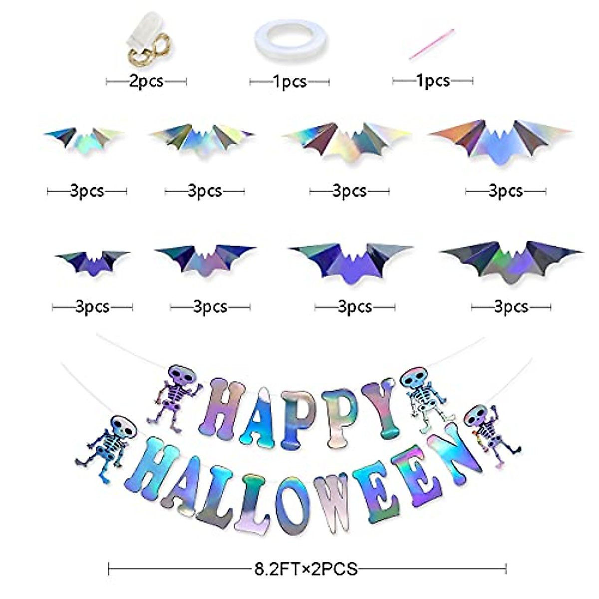 Happy Halloween Banner Sign Iridescent Skull Hanging Bunting with 3D Bat Wall Decal Sticker in Holographic Black Silver with LED String Light for Halloween All Hallows Eve Birthday Party Decorations