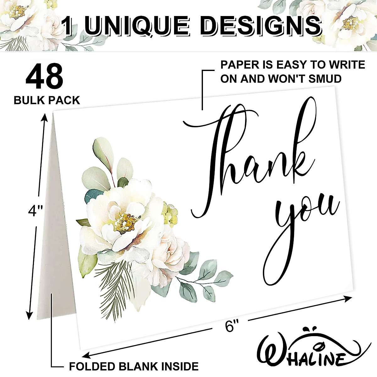 Whaline 48Pcs Funeral Thank You Cards Sympathy Thank You Card with Stickers Envelopes White Flower Bereavement Card with Message for Memorial Service Loved Ones Celebration of Life