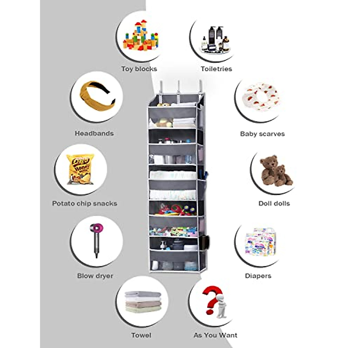 TAHAVICE Upgraded Over the Door Organizer Storage Transparent Window Storage Pockets with 3 Metal Hooks, Multifunctional Over The Door Hanging Closet Organizer with 5 Pockets,10 Mesh Pockets(Grey)