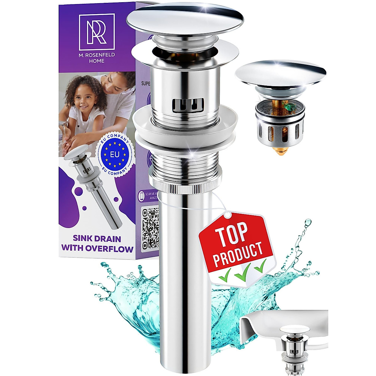 Premium Pop Up Drain with Overflow 1.6"- 1.9" Universal Bathroom Drain Kit - Chrome Bathroom Sink Drain with Overflow All Metal Rustproof Brass and 304 Stainless Steel - Push Button Sink Drain