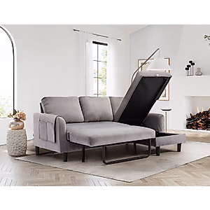 Modern Velvet Pull Out Sleeper Sofa Bed with Chaise, Comfy L Shaped Convertible Couch with Storage and Pocket, Sectional 3 Seat Couch for Living Room Furniture or Office, Smooth Back - Light Gray