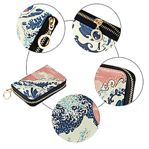 Japanese Great Waves Pink Background Credit Card Coin wallet, RFID Blocking Compact Women Leather Card Holder, Key Change Organizer, Zipper Purse Clutch Pouch Pocket
