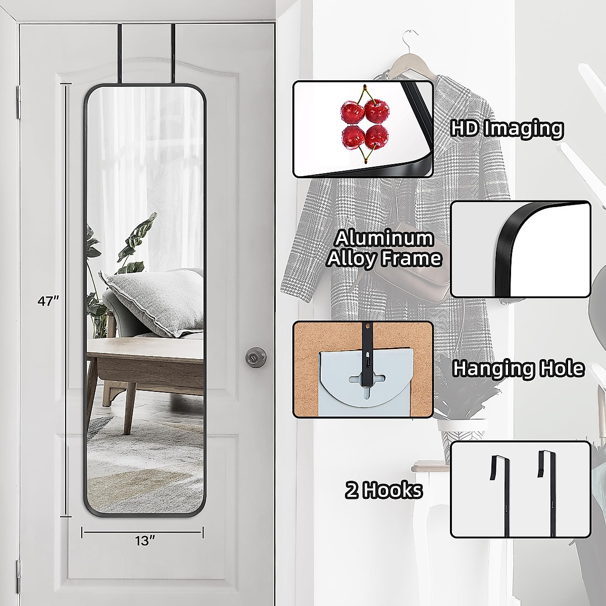 Minuover 47" x 13" Black Over The Door Hanging Mirror, Brushed Metal Frame with Rounded Corner Dressing Rectangle Mirror for Bathroom, Bedroom, Living Room