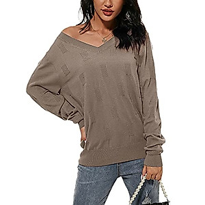 Arach&Cloz Women's Spring Fall Tops Fashion 2023 V Neck Long Sleeve Pullover Jumper Knitted Casual Sweater (Nutmeg, Medium)