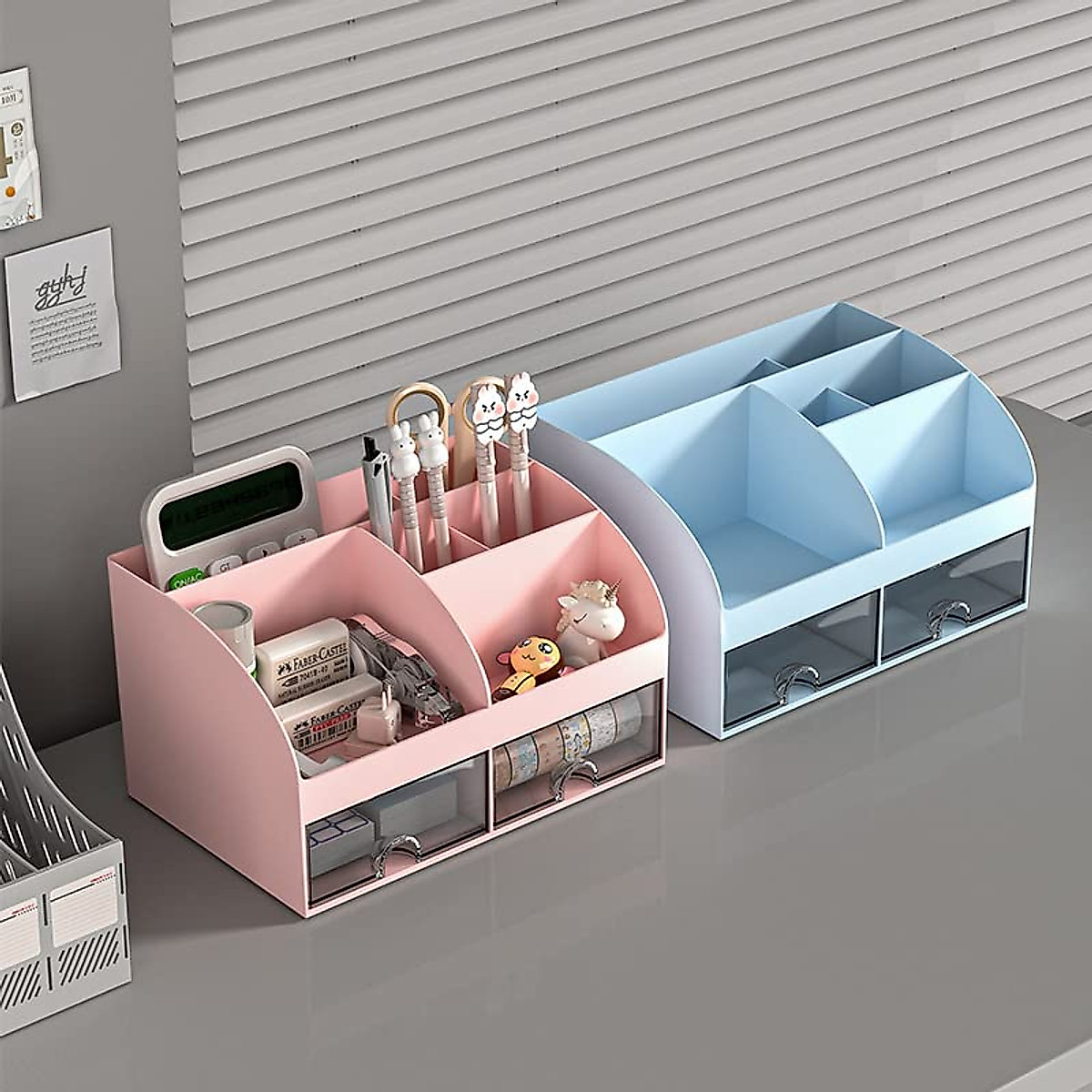 Office Desktop Organizer Box With Different Grids Sorting Storage Box Orderly And Tidy Stationery Organizer Box For Books Paper Clips Pens Office Supplies (Blue)