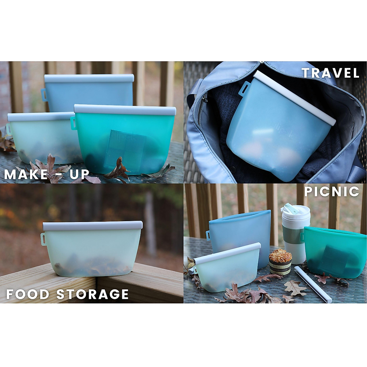 Silipak Reusable Silicone Food Storage Bags, 3 pack, Multi Use Leakproof Meal Prep Containers & Freezer Bags | Makeup Bag & Travel Containers | BPA Free, Dishwasher and Microwave Safe