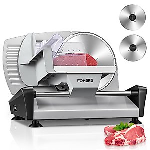 Meat Slicer for Home Use, FOHERE 200W Electric Deli Food Slicer With Two Removable 7.5" Stainless Steel Blade, Adjustable Thickness(0-15mm), Easy to Clean, Cut Meat Cheese Bread, Silver